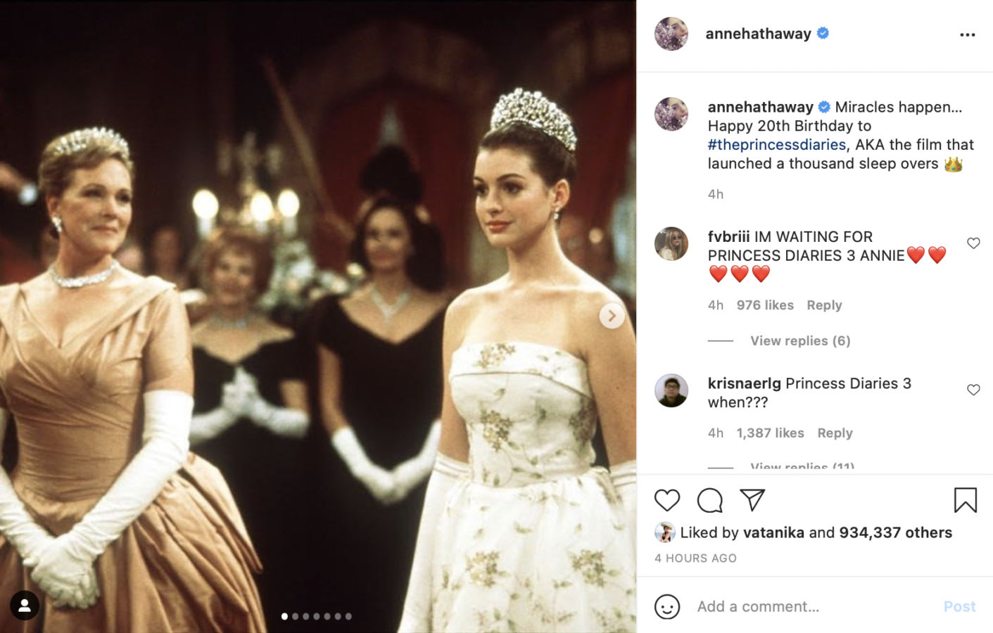 'แอนน์ แฮททาเวย์' แชร์ภาพความประทับใจ 20 ปี 'The Princess Diaries'